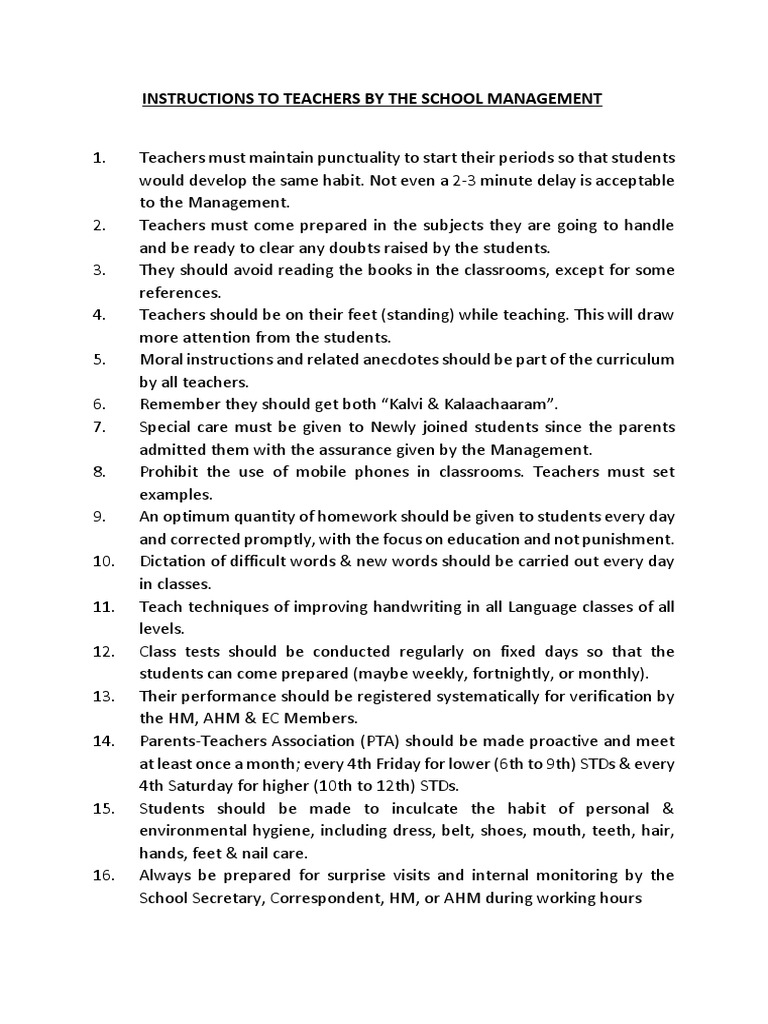 Instructions To Teachers by The School Management | PDF | Teachers