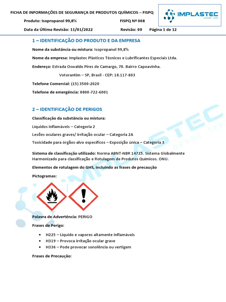 Alcool Iso Isopropanol 99,8% | PDF | Ácido sulfúrico | Química