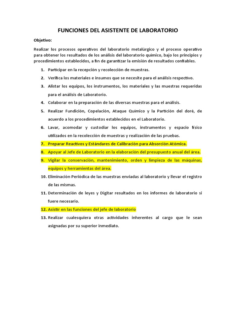 Funciones del Asistente de Laboratorio | PDF