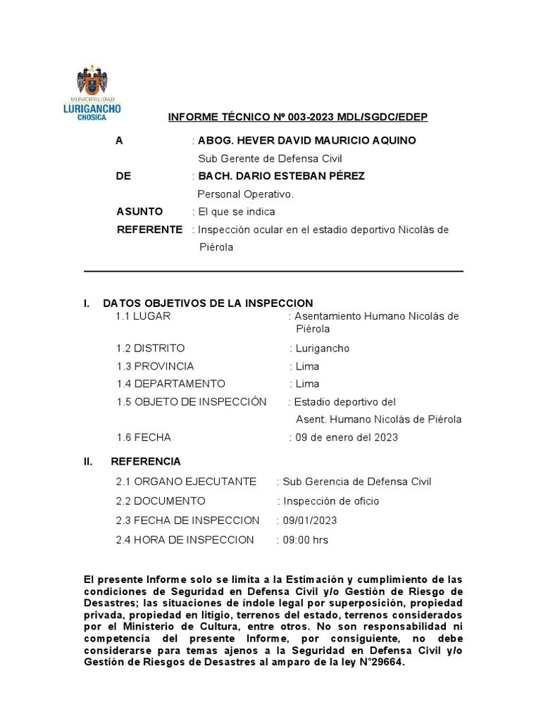 Informe 003-2023 - Estadio Nicolas de Pierola | PDF