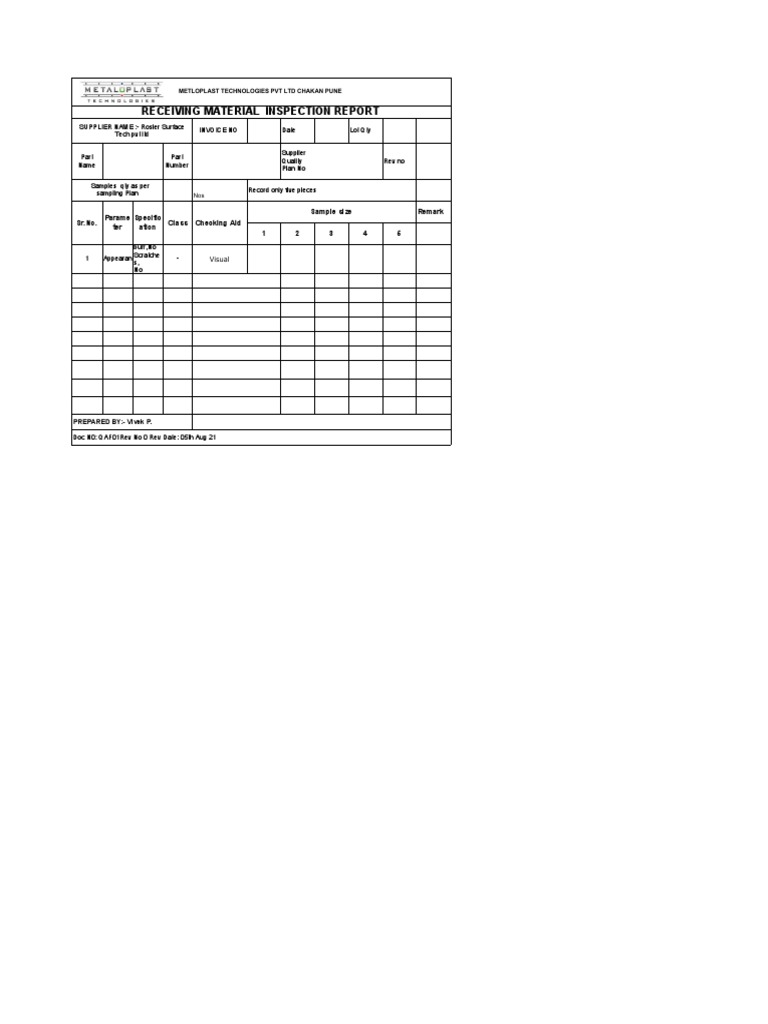 QAF01 A Receiving Inspection Report Rev 00 - BONTAZ 223202 Rev 00 | PDF