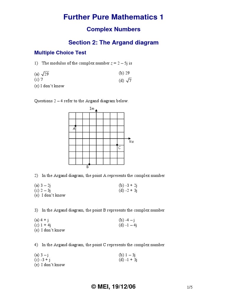 Further Pure Mathematics 1: Complex Numbers Section 2: The Argand ...