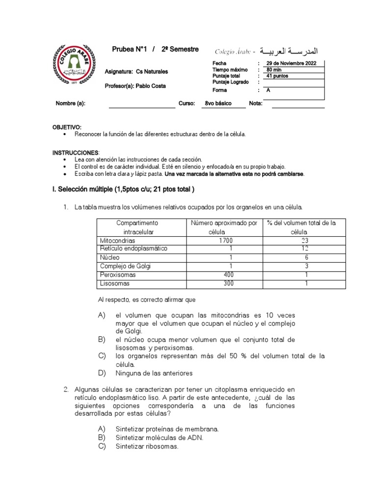 Prueba Célula 8vo Básico | PDF Prueba Célula 8vo Básico | PDF