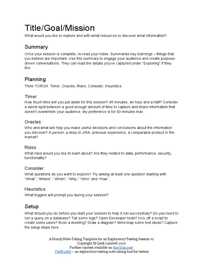 A Handy Note-Taking Template For An Exploratory Testing Session | PDF ... A Handy Note-Taking Template For An Exploratory Testing Session | PDF ...