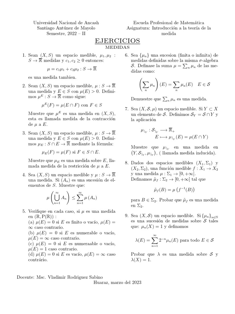 Lista - Ejercicio de Medidas-4 | PDF | Análisis | Objetos matemáticos