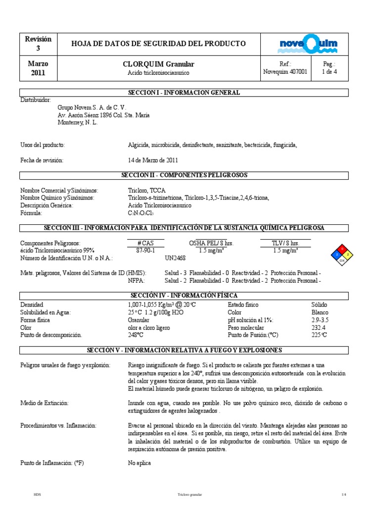 Hoja de Seguridad Clorquim granular | PDF | Agua | Cloro