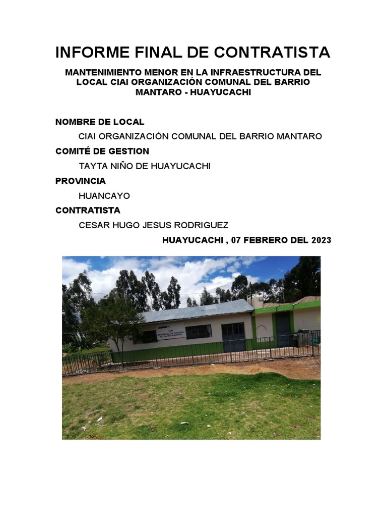 Barrio Mantaro Informe Final | PDF | Ingeniería de Edificación