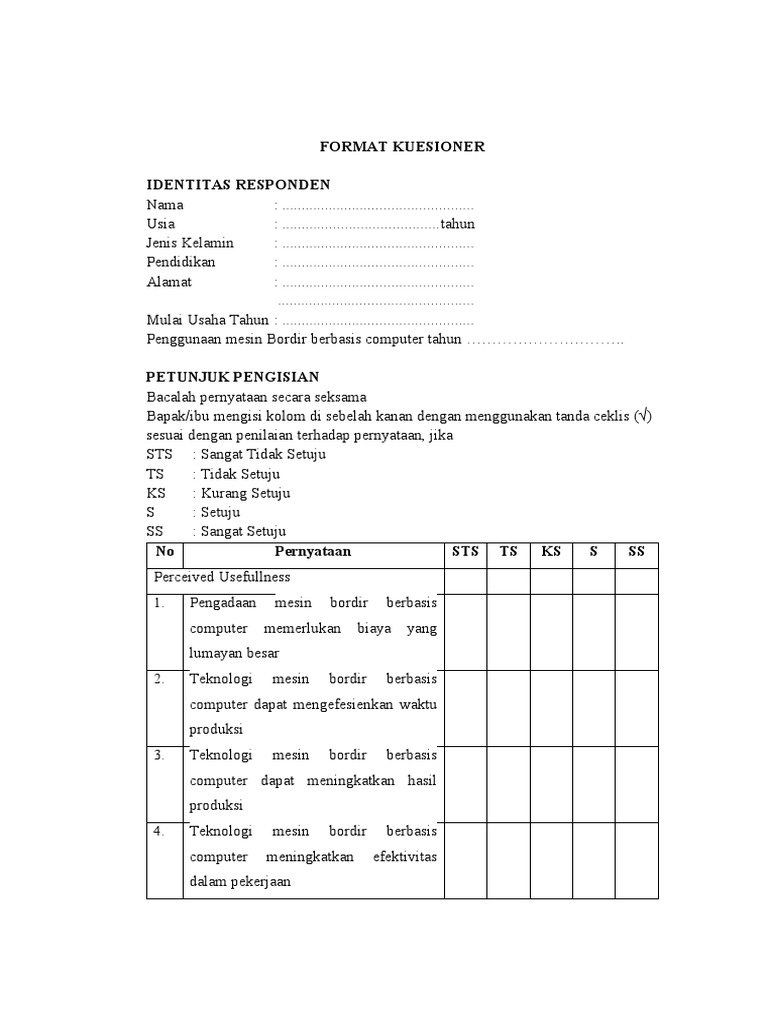 Adopsi MOdel FORMAT KUESIONER Heni | PDF