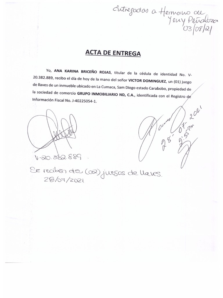 Acta de Entrega de Llaves | PDF Acta de Entrega de Llaves | PDF