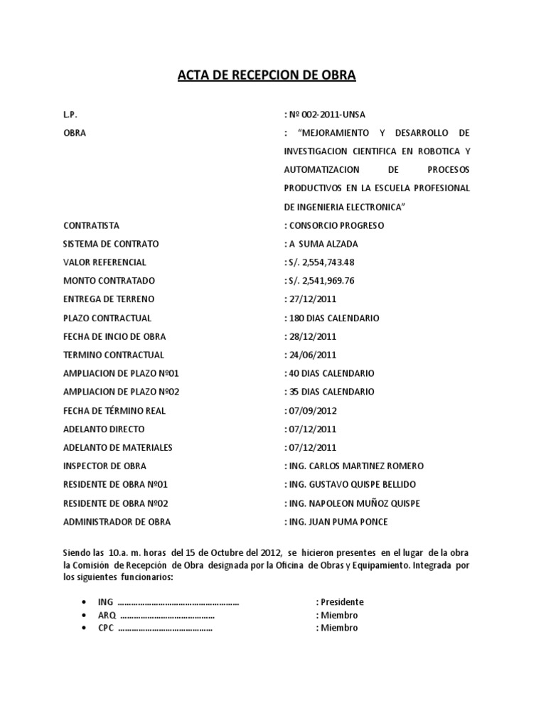 Acta de Recepcion de Obra | PDF