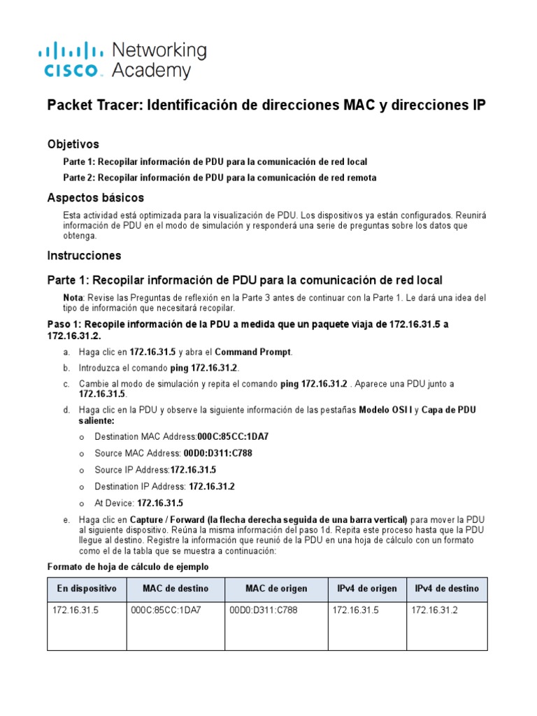 9.1.3 Packet Tracer - Identify MAC and IP Addresses Kenneth Torres ...
