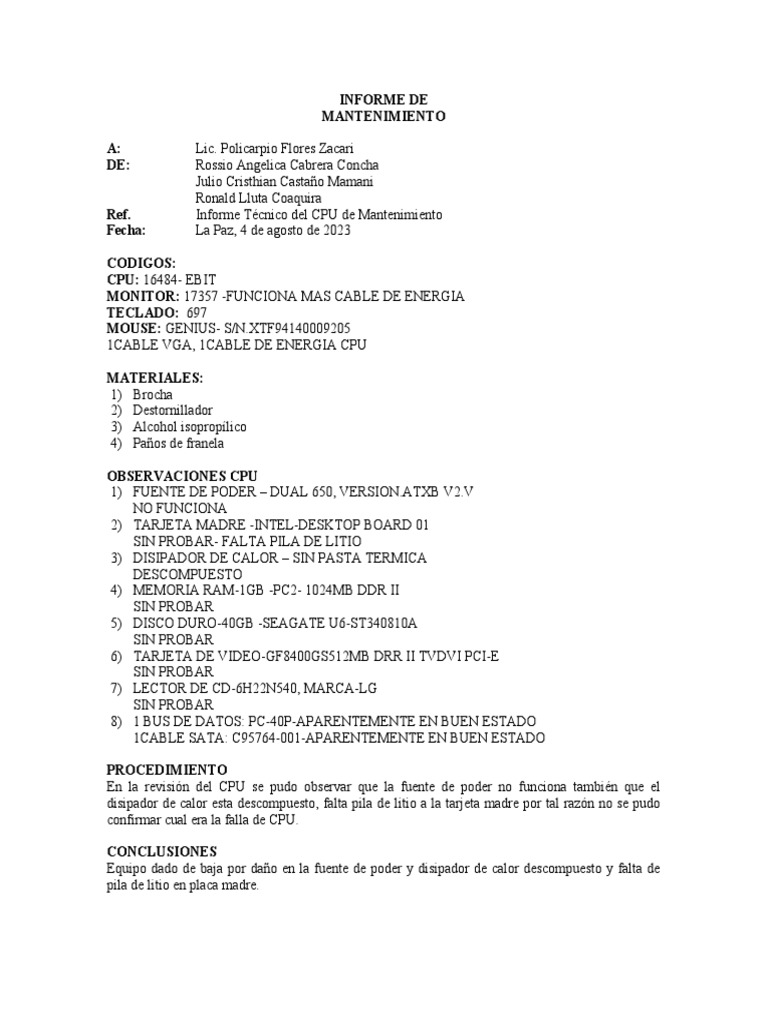 Informe de Mantenimiento | PDF