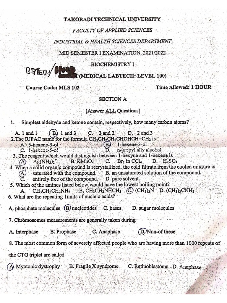 Biochemistry 1 Mid Sem Exams | PDF