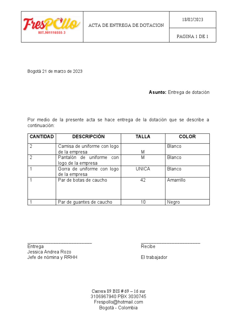 Acta Entrega de Dotacion | PDF