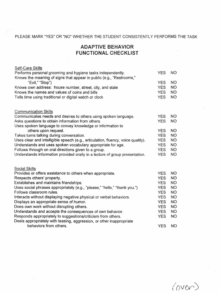Adaptive Behavior Functional Checklist | PDF | Information | Human ...