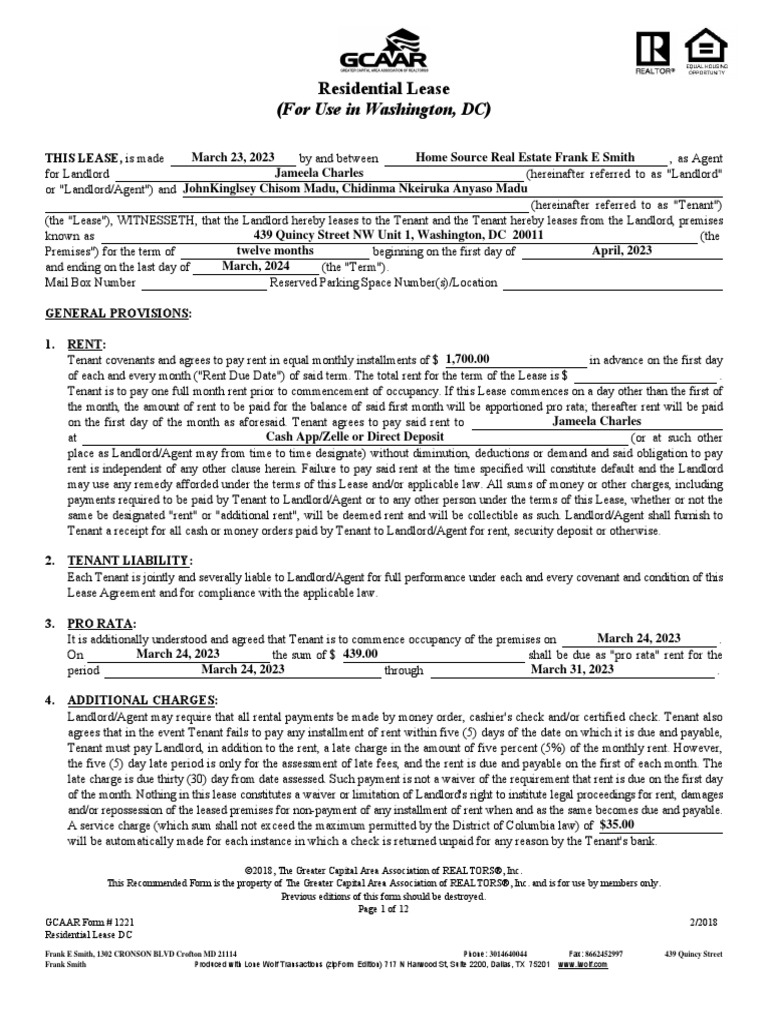 Washington DC Residential Lease Agreement | PDF | Leasehold Estate | Lease