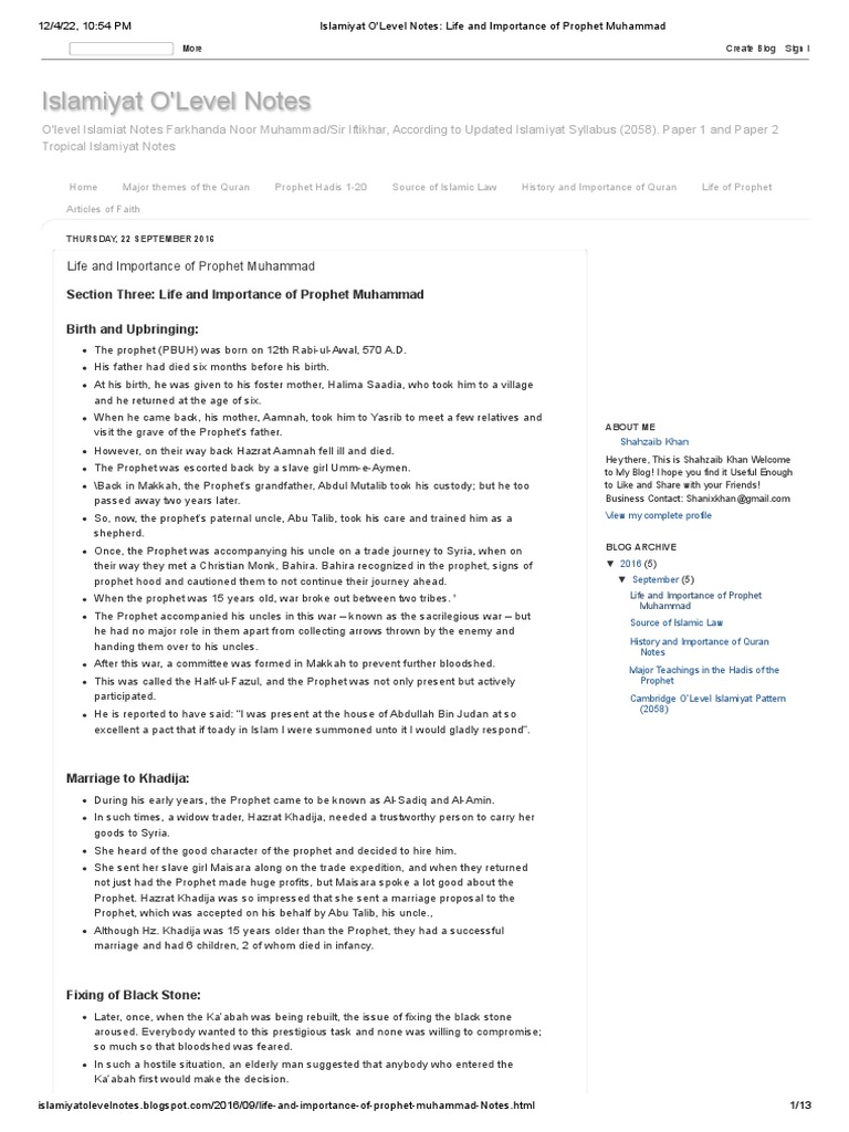 Islamiyat O'Level Notes - Life and Importance of Prophet Muhammad | PDF ...
