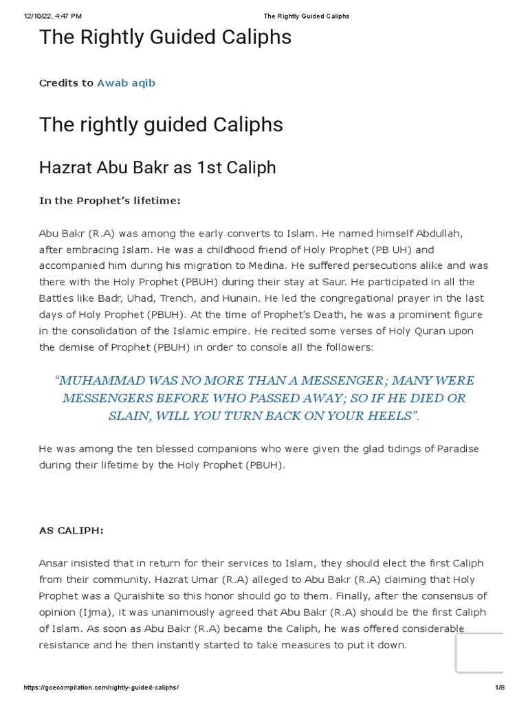 Rightly Guided Caliphs Notes | PDF