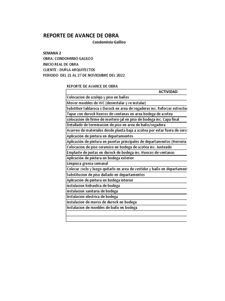 Reporte de Avance Edificio Galileo | PDF