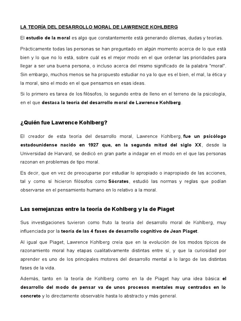 LA TEORÍA DEL DESARROLLO MORAL DE LAWRENCE KOHLBERG | PDF | Moralidad | Sicología