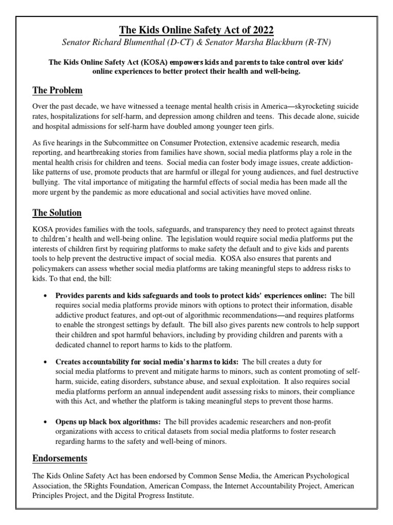 Kids Online Safety Act - One Pager | PDF