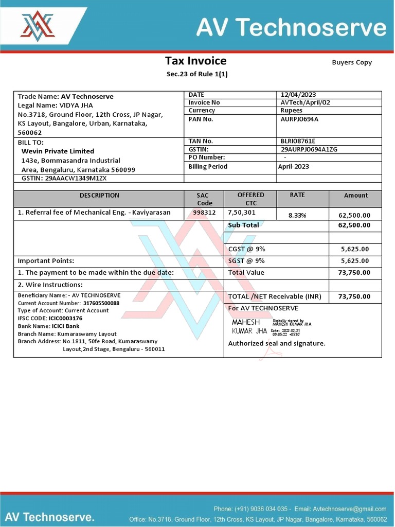 AV Tech 04 2023 Invoice Kaviyarasan. | PDF | Invoice | Money