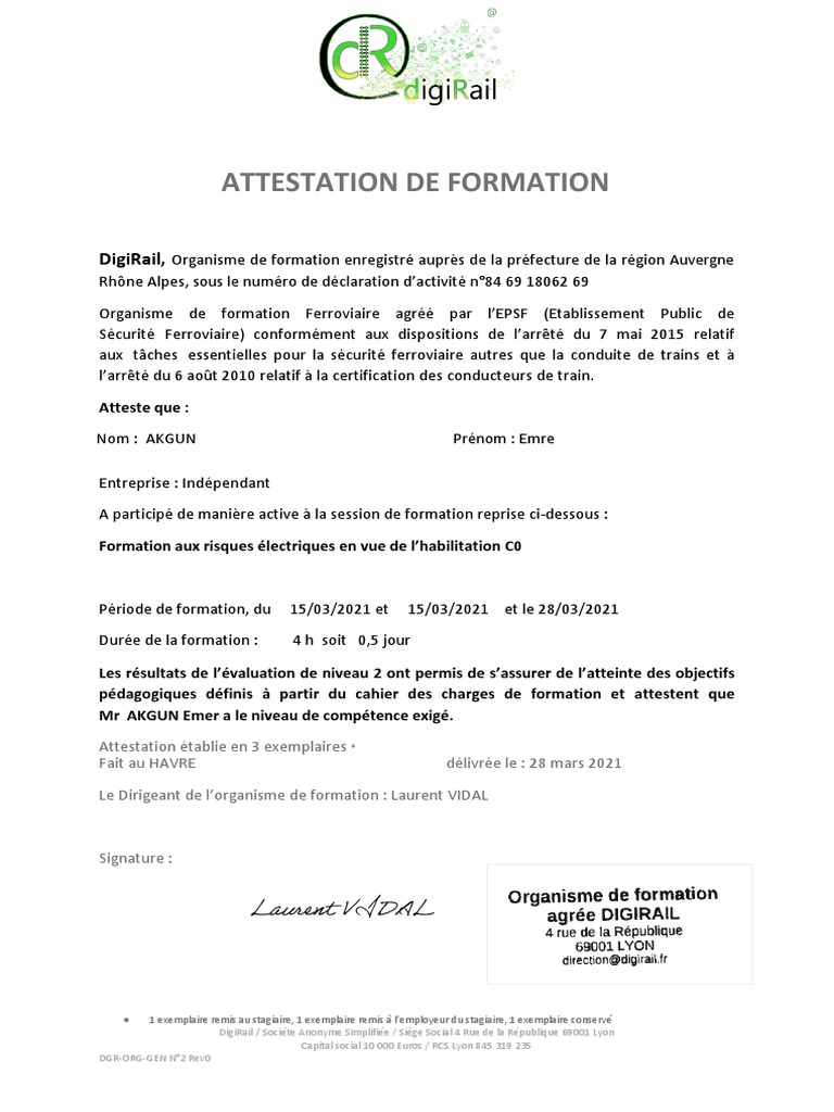 Attestation de Formation Risques Électriques C0 AKGUN Emre | PDF
