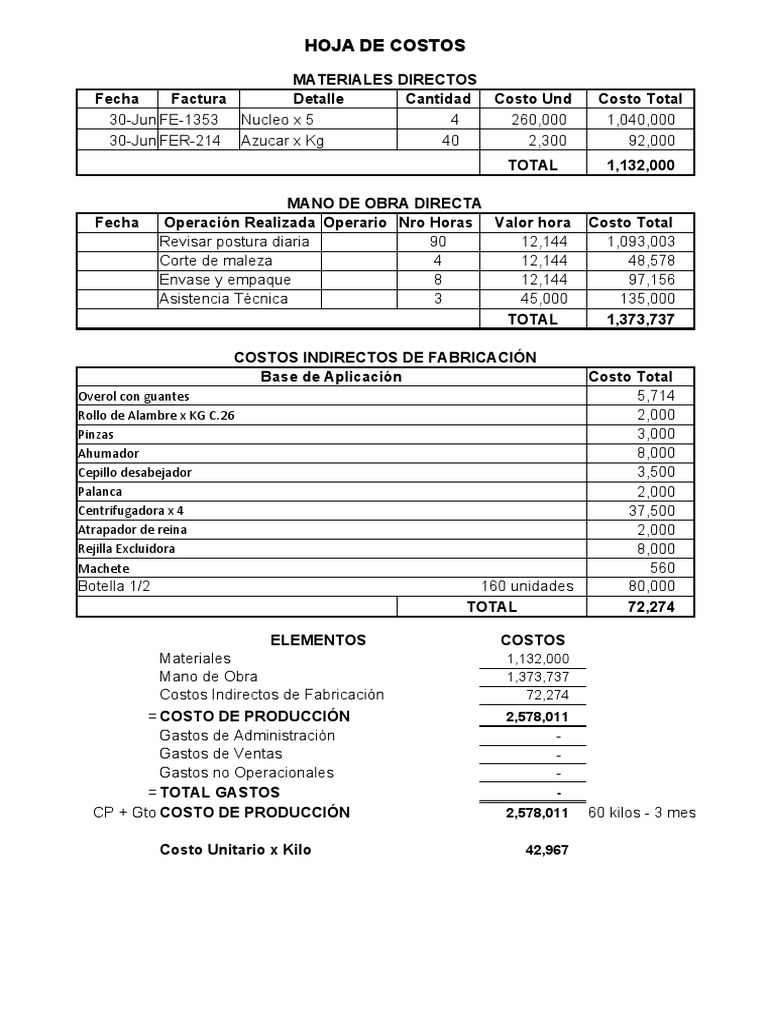 Hoja de Costos - Imprimir | PDF