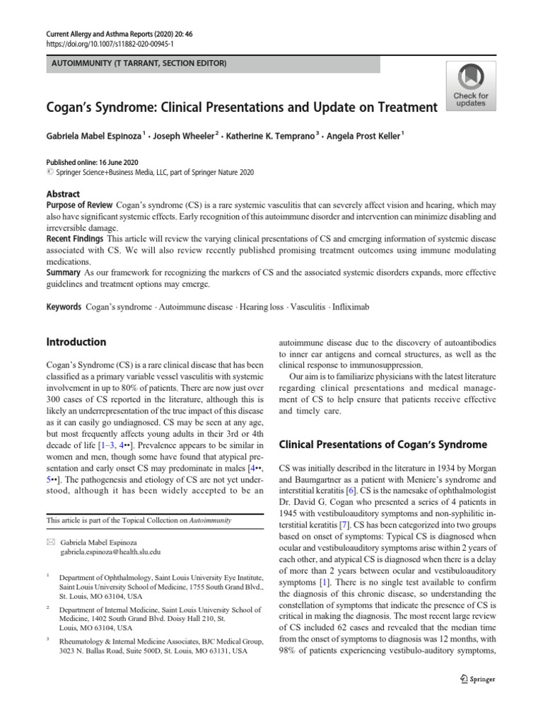 Cogan's Syndrome Clinical Presentations and Update On Treatment | PDF ...
