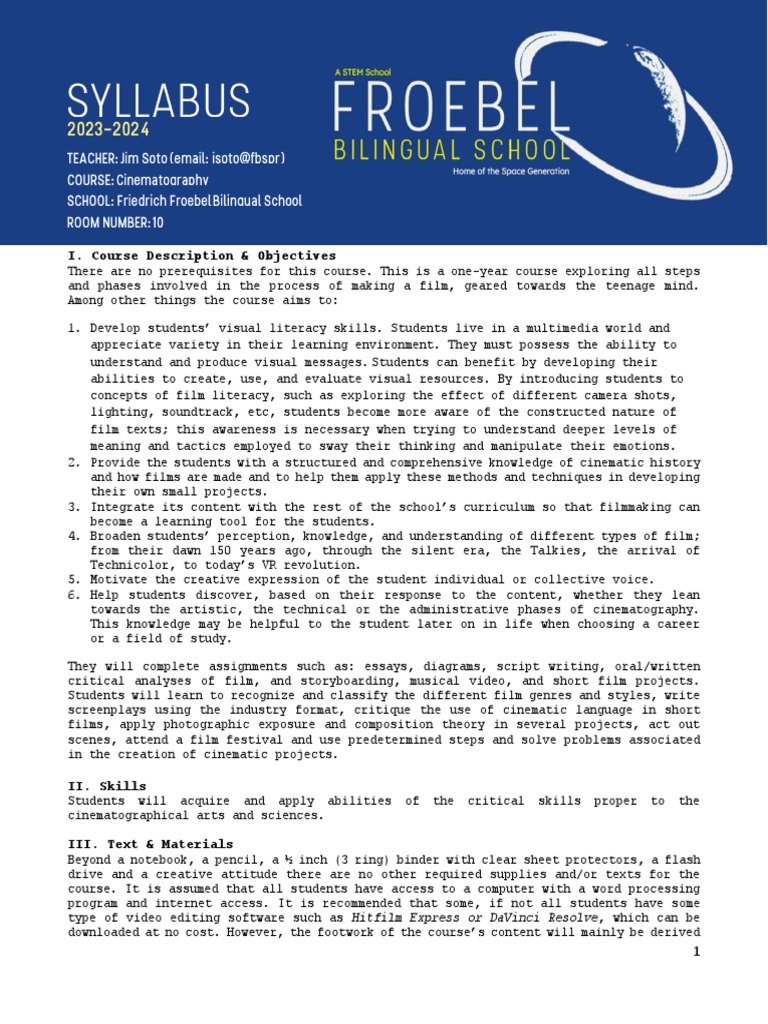 Cinematography Syllabus 2023-2024 | PDF | Filmmaking