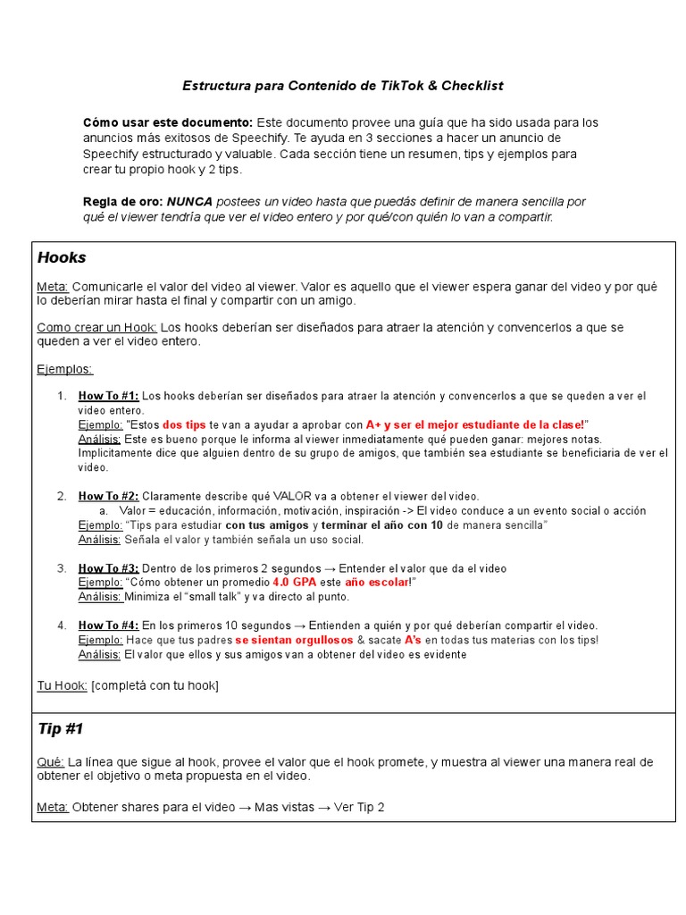 Tiktok Content Structure Checklist Pdf Aplicación Movil