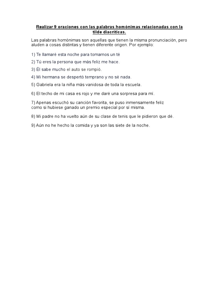 Oraciones Con Palabras Homonimas | PDF | Artes del Lenguaje y ...