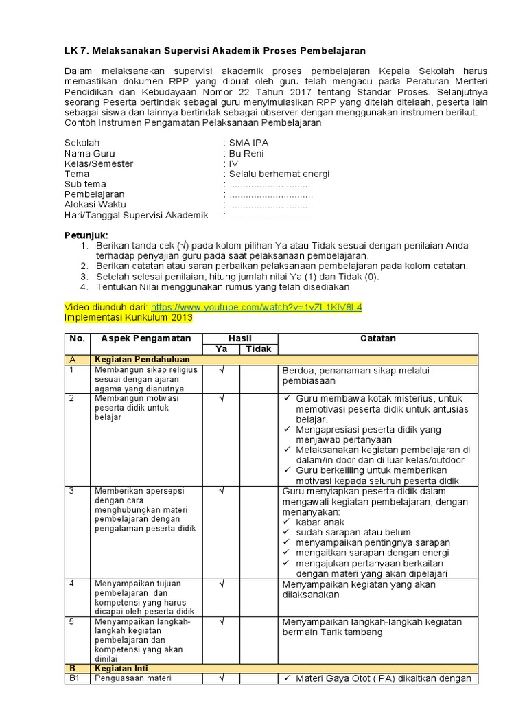 LK 7. Melaksanakan Supervisi Akademik Proses Pembelajaran | PDF