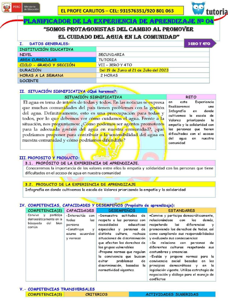 Planificador de La Experiencia 04-Ciclo Vii - 3ero y 4to - Tutoria - 2023 - 00001 | PDF