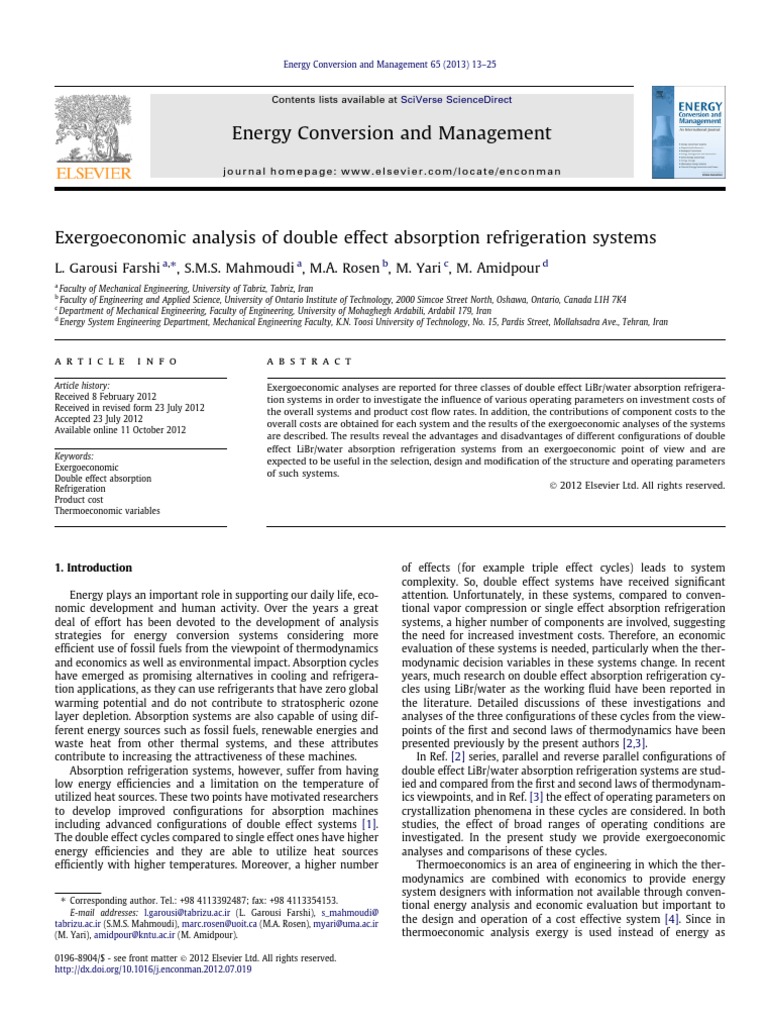 Exergoeconomic Analysis of Double Effect Absorption Refrigeration Systems | PDF | Exergy | Heat