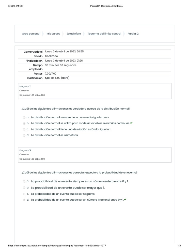 Parcial 2 - Revisión Del Intento Estadistica Inferencial 1 | PDF | Distribución normal ...