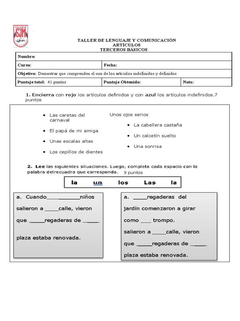 Evaluación de artículos definidos e indefinidos | PDF | Hogar ...
