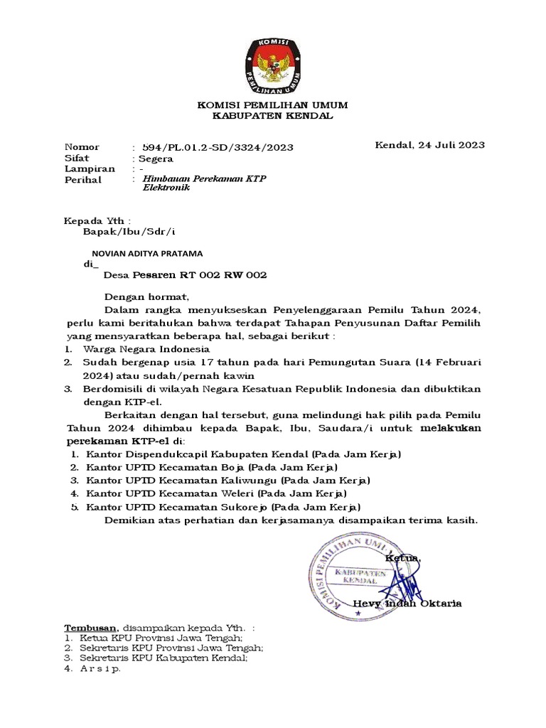 Surat Himbauan Perekaman KTP El TTD Cap Ketua | PDF | Ilmu Sosial