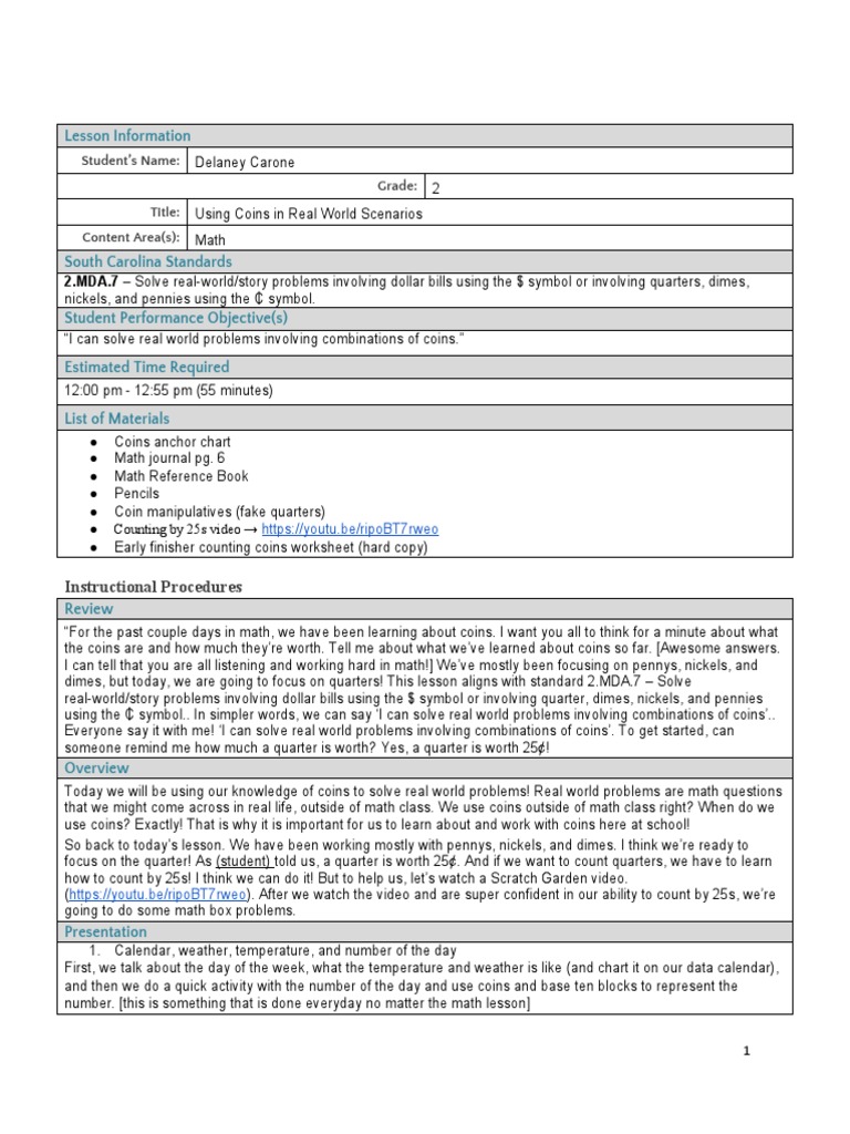 Observed Math Lesson Plan 8 31 | PDF | Mathematics | Cognitive Science