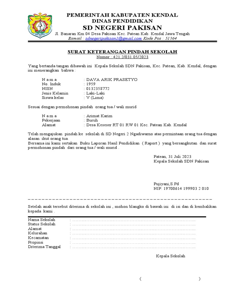 Surat Pindah Siswa Pdf