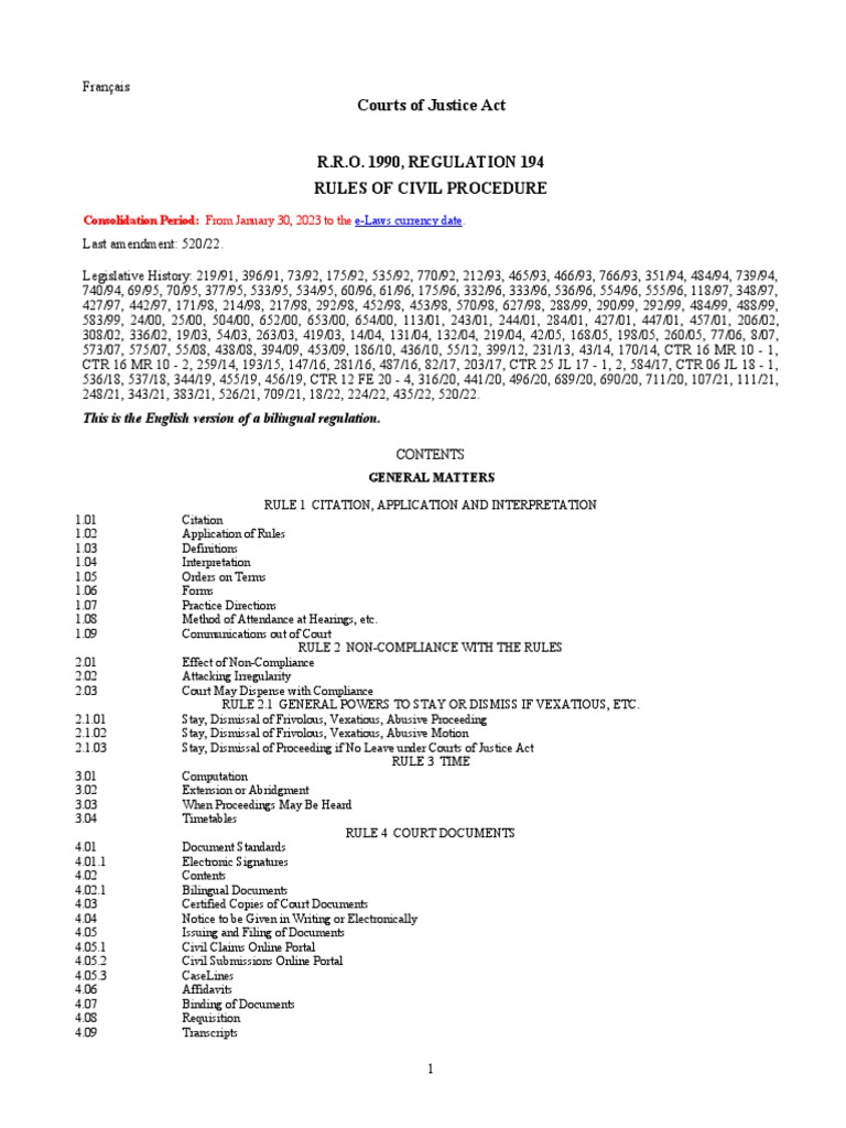 R.R.O. 1990, Reg. 194 - RULES OF CIVIL PROCEDURE | PDF | Discovery (Law ...