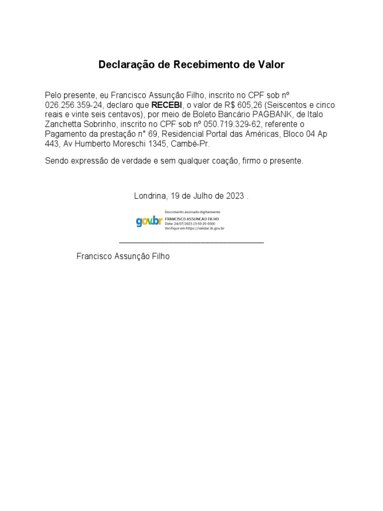 Declaracao de Recebimento de Valor Assinado | PDF