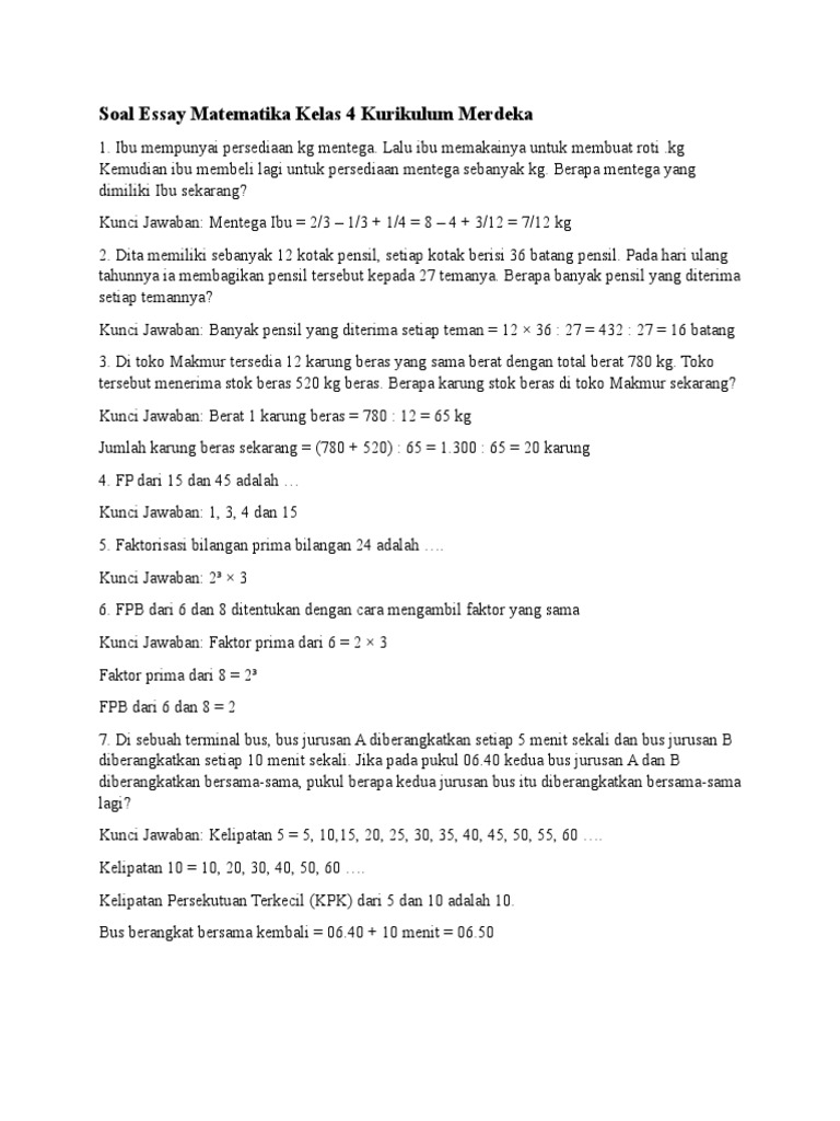 Soal Essay Matematika Kelas 4 Semester 2 | PDF