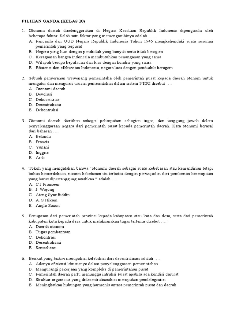 Pilihan Ganda Soal PKN KLS 10 | PDF
