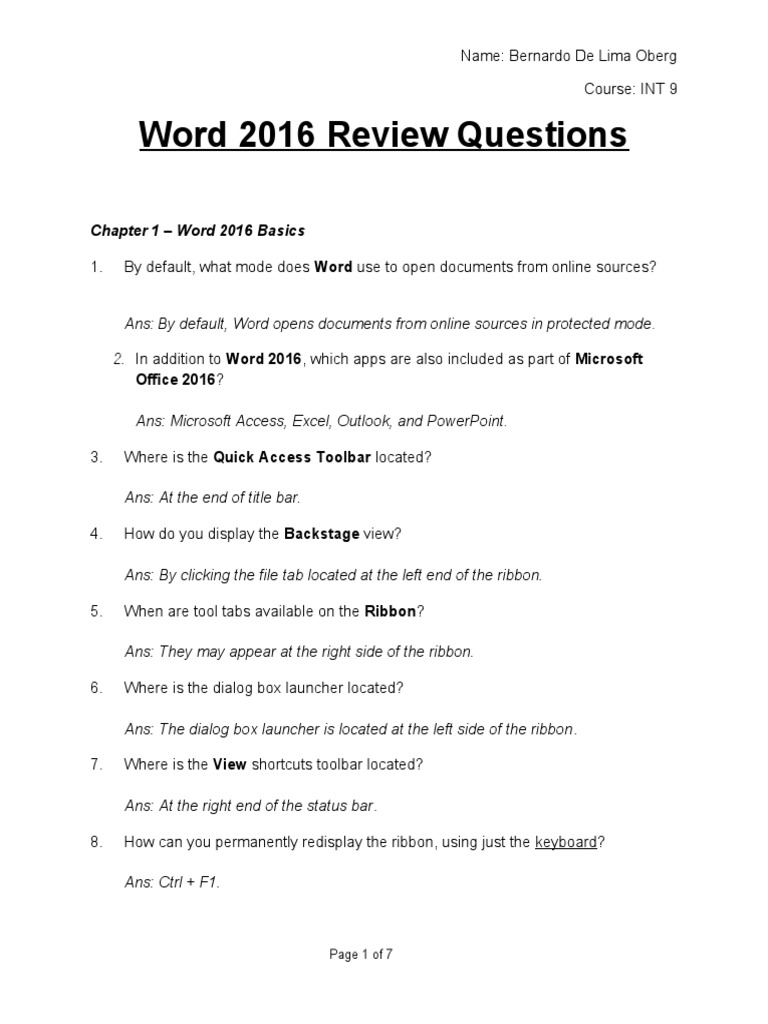 Word 2016 Review Questions | PDF