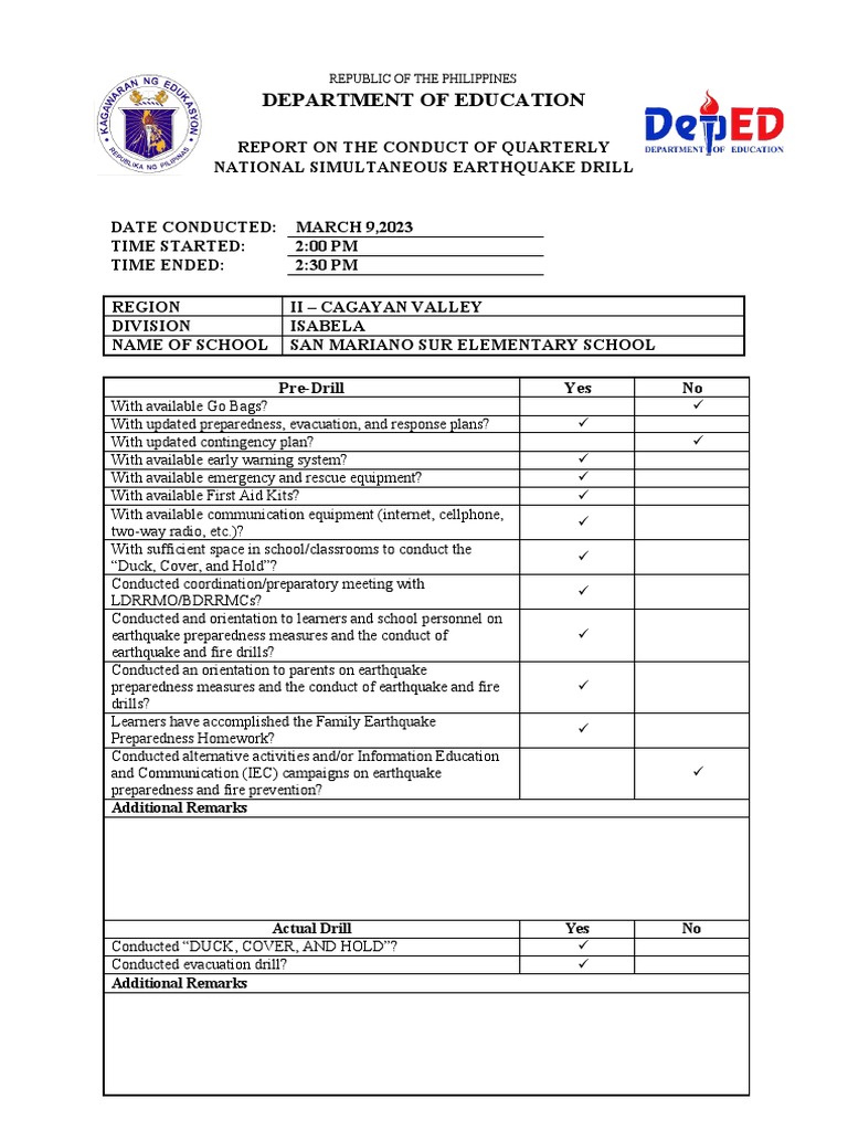 Report On The Conduct of Quarterly National Simultaneous Earthquake Drill | PDF | Emergency ...