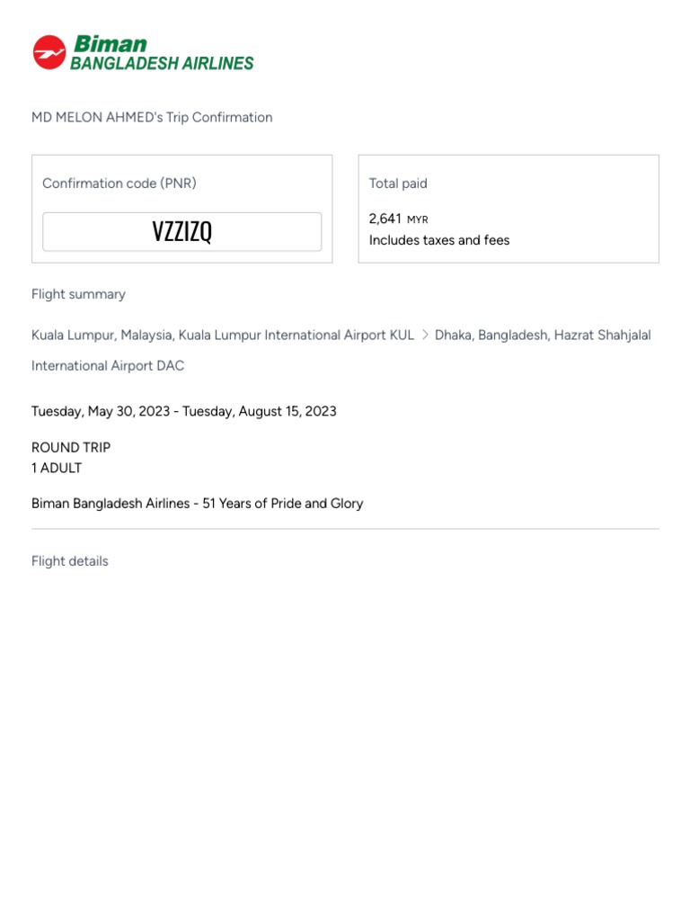 Biman Bangladesh Airlines - Print Confirmation | PDF