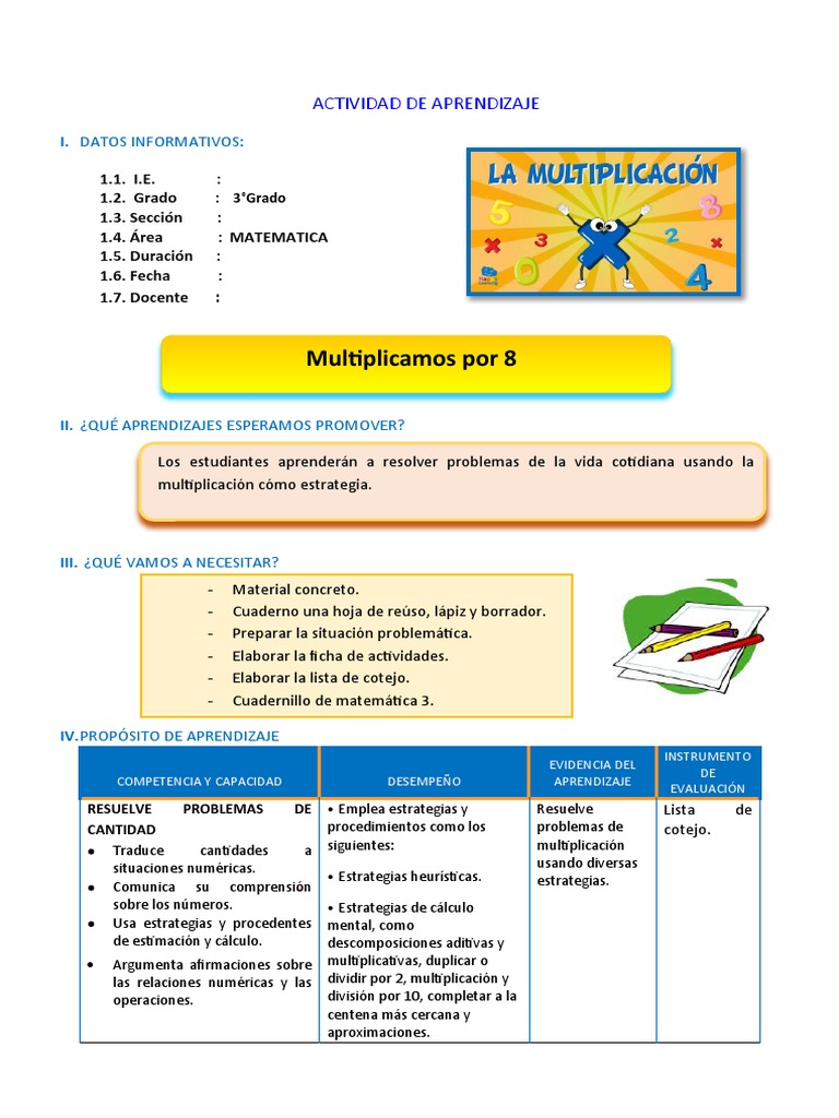 D2 A1 SESION MAT. Multiplicamos Por 8 | PDF | Evaluación | Multiplicación