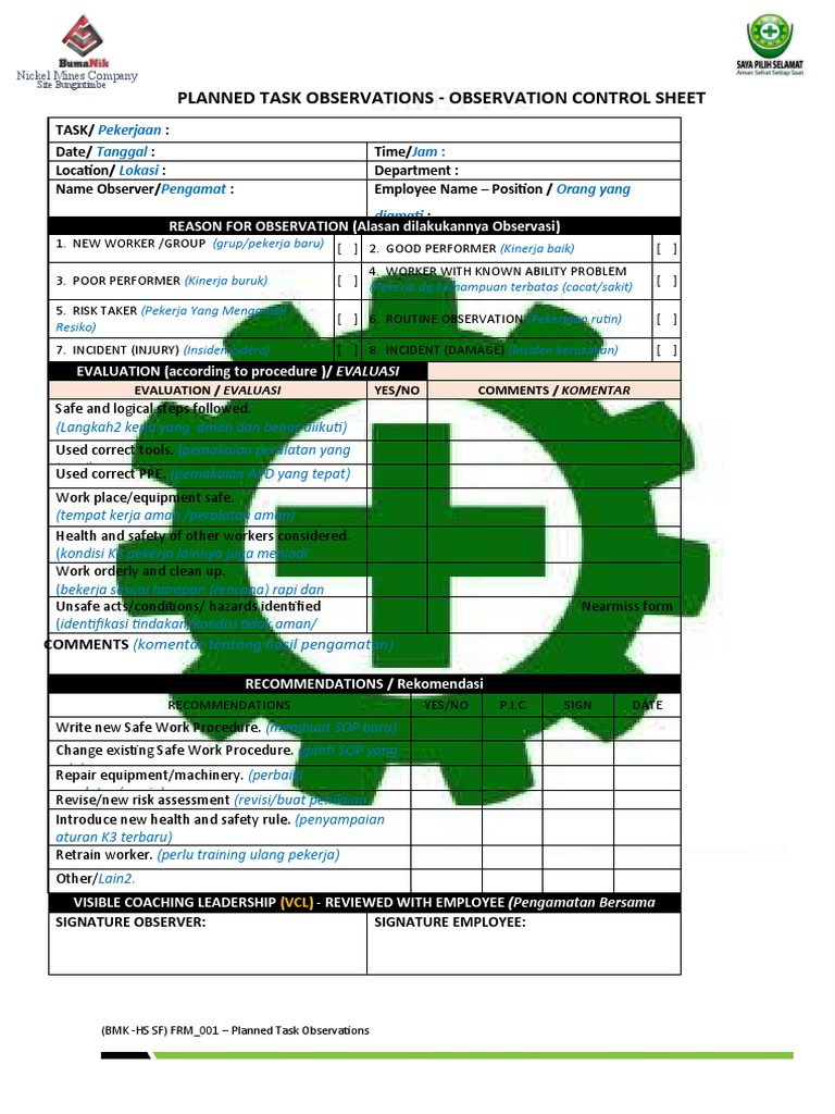(Bmk-Hse-Sf) FRM - 001-Planned Task Observations | PDF | Occupational ...
