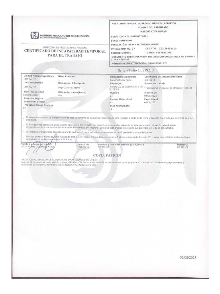 Certificado de Incapacidad Temporal-11 | PDF